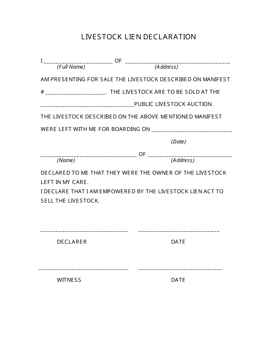 British Columbia Canada Livestock Lien Declaration - Fill Out, Sign ...