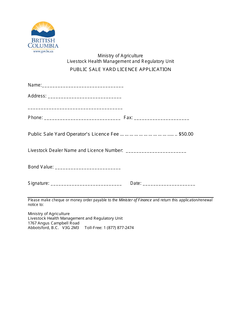 British Columbia Canada Public Sale Yard Licence Application - Fill Out ...