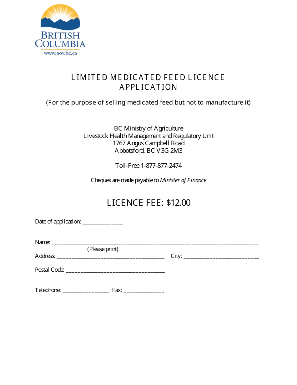 British Columbia Canada Limited Medicated Feed Licence Application ...
