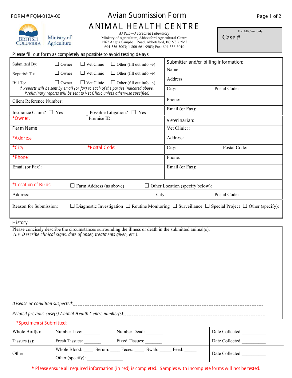Form FQM-012A-00 Download Fillable PDF or Fill Online Avian Submission ...