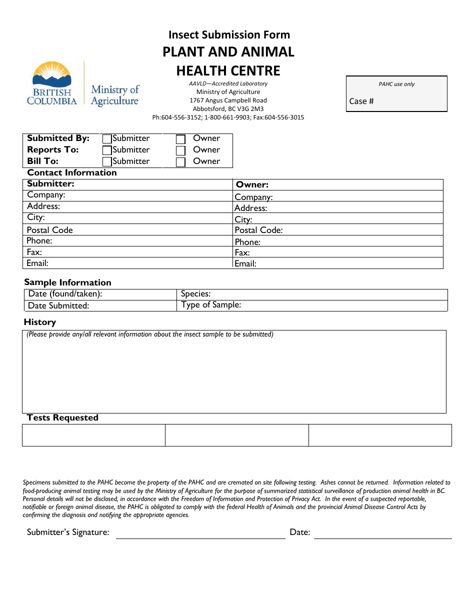 British Columbia Canada Insect Submission Form - Fill Out, Sign Online ...