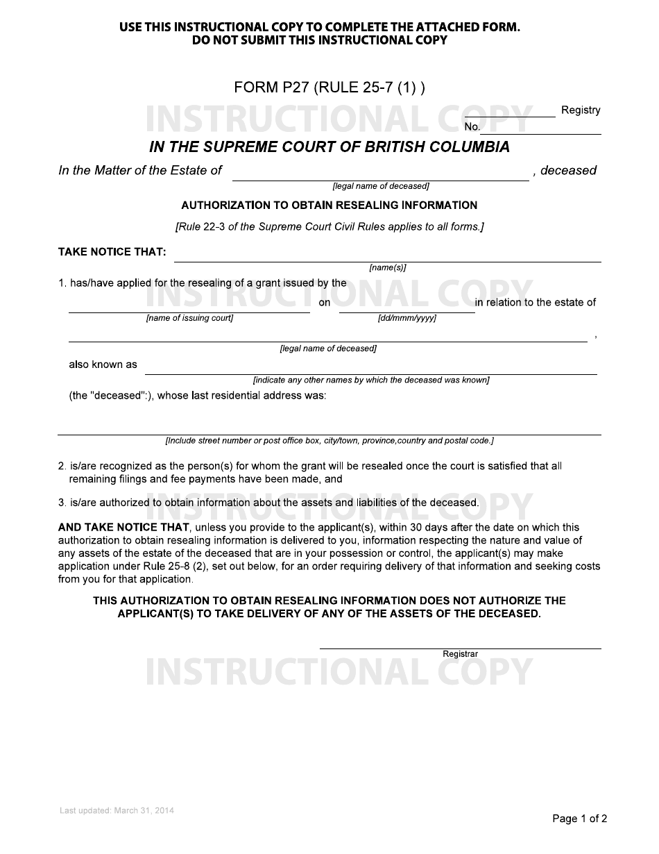 Form P27 - Fill Out, Sign Online and Download Fillable PDF, British Columbia Canada | Templateroller