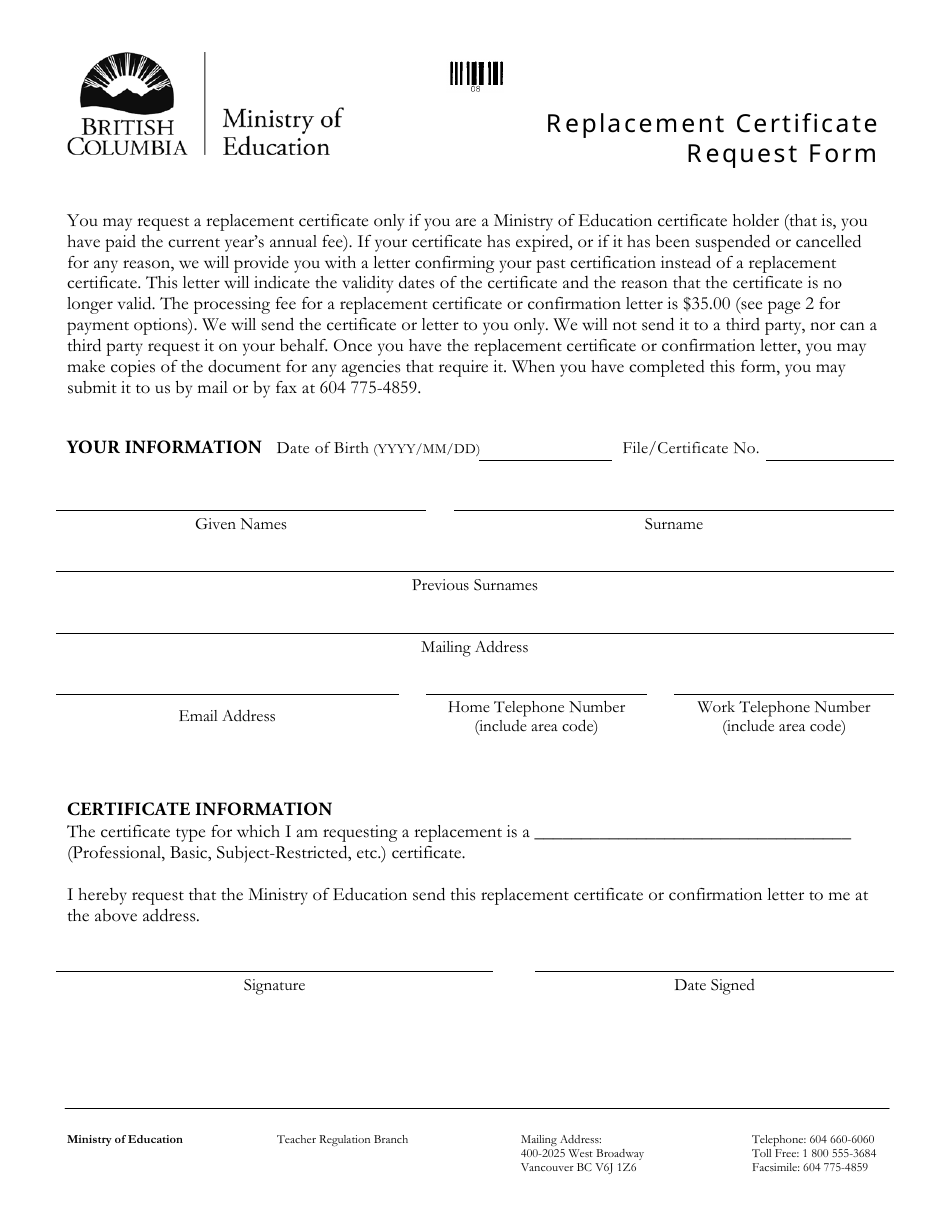 British Columbia Canada Replacement Certificate Request Form - Fill Out ...