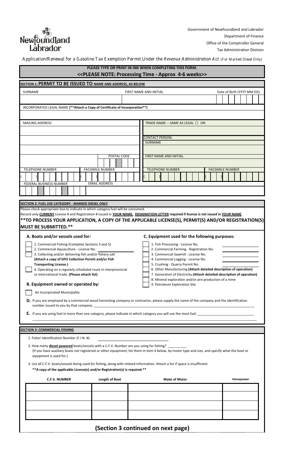 Newfoundland and Labrador Canada Application/Renewal for a Gasoline Tax ...