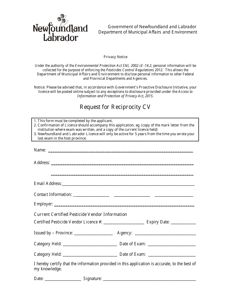 Newfoundland and Labrador Canada Request for Reciprocity Cv - Fill Out ...