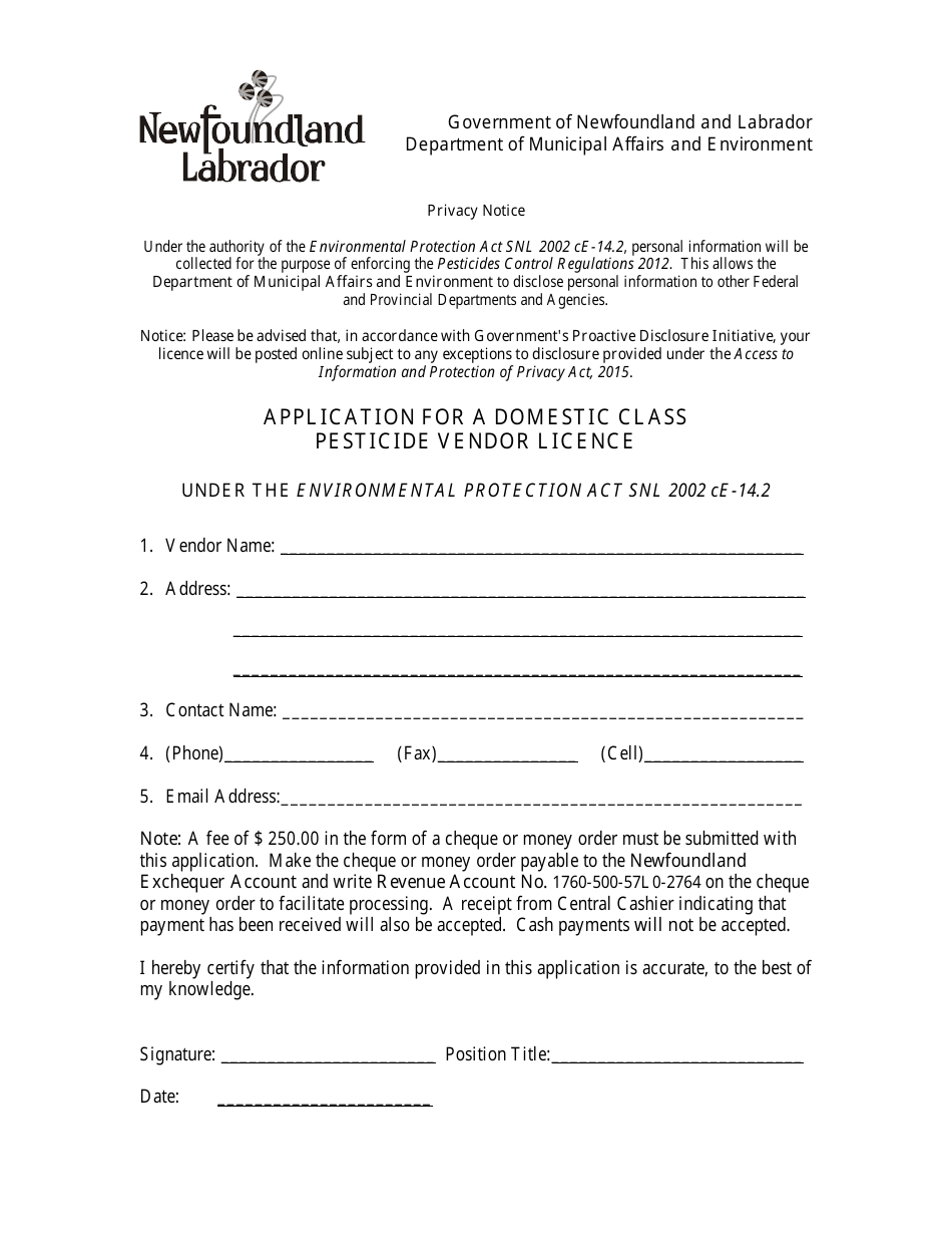 Newfoundland and Labrador Canada Application for a Domestic Class ...