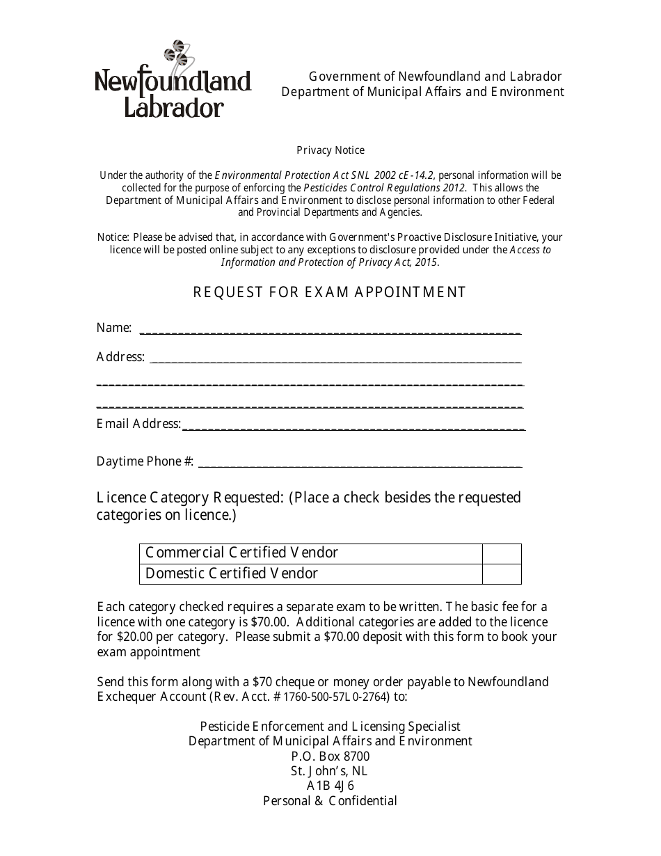 Newfoundland and Labrador Canada Request for Exam Appointment - Fill ...