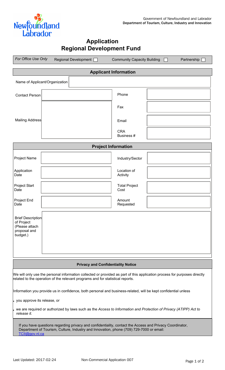 Newfoundland and Labrador Canada Regional Development Fund Application ...