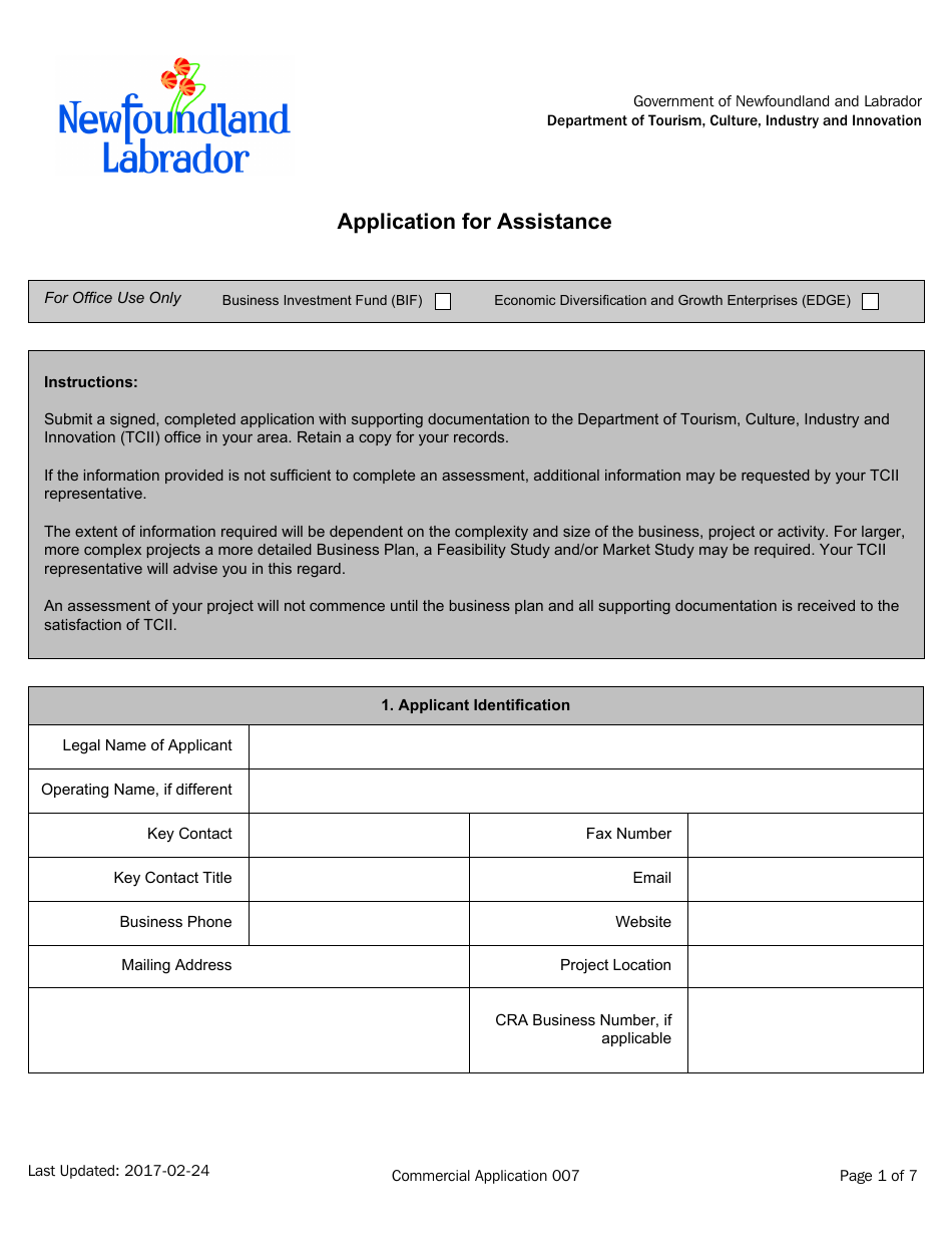 Newfoundland and Labrador Canada Application for Assistance - Fill Out, Sign Online and Download ...