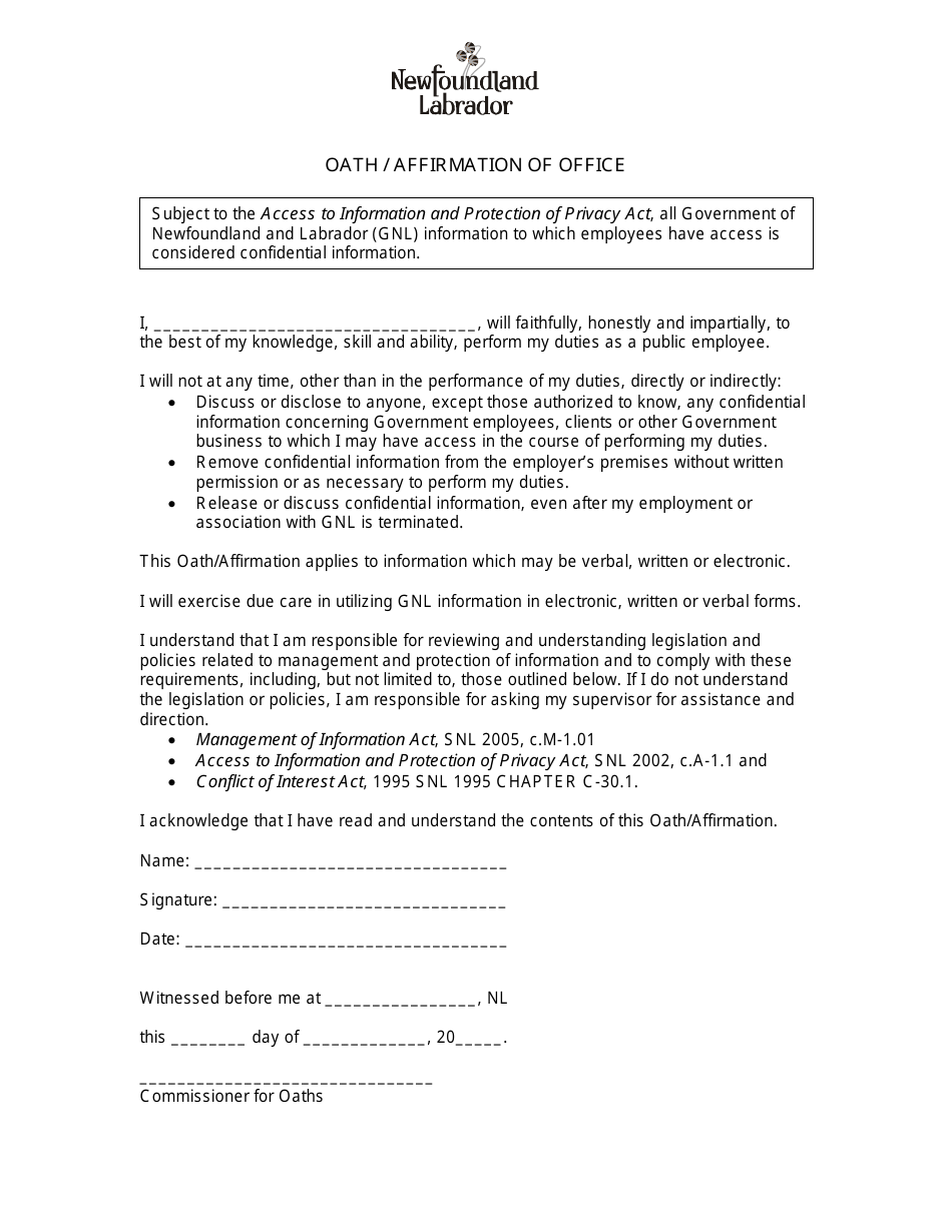Newfoundland and Labrador Canada Oath / Affirmation of Office - Fill Out, Sign Online and ...