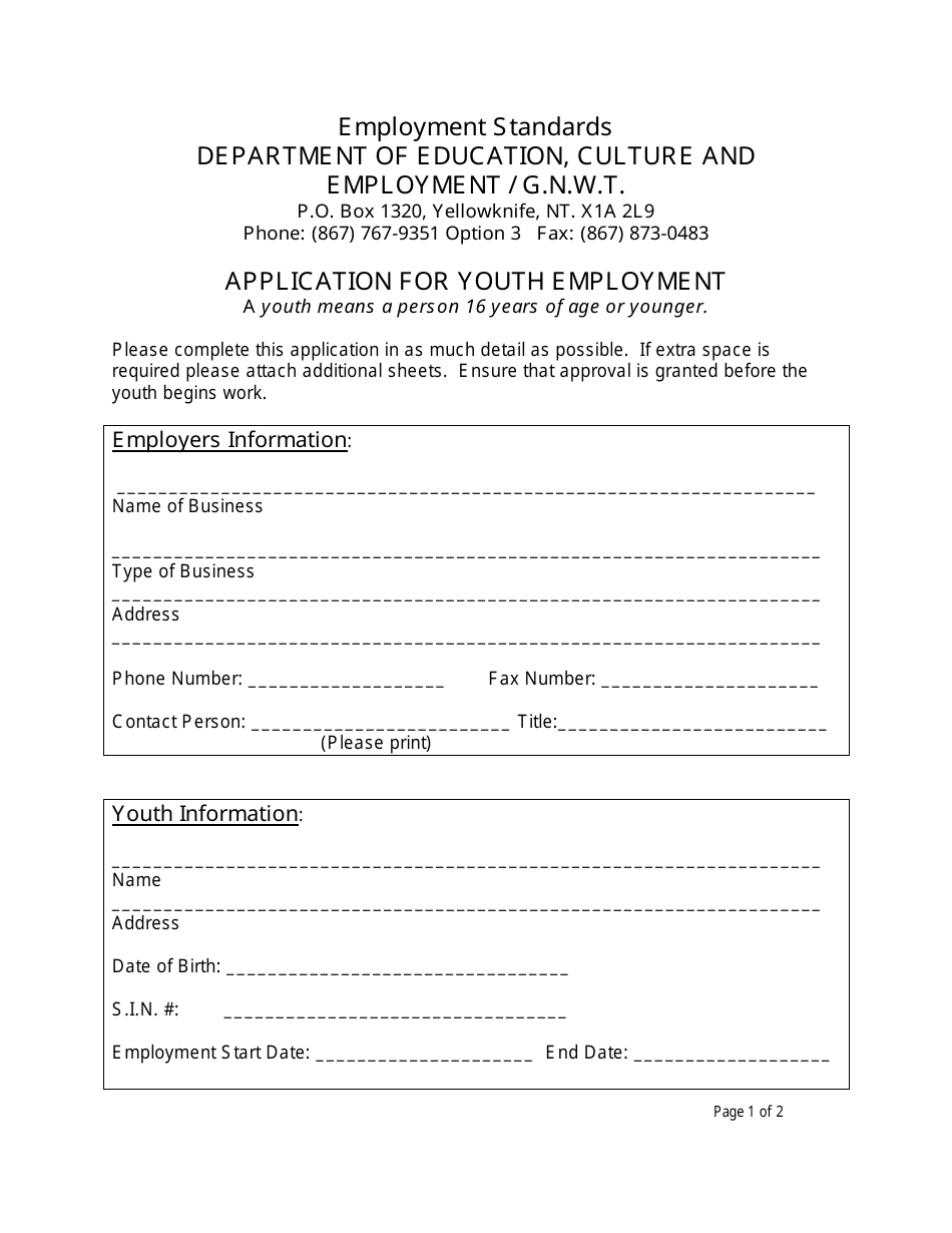 Northwest Territories Canada Application for Youth Employment - Fill ...