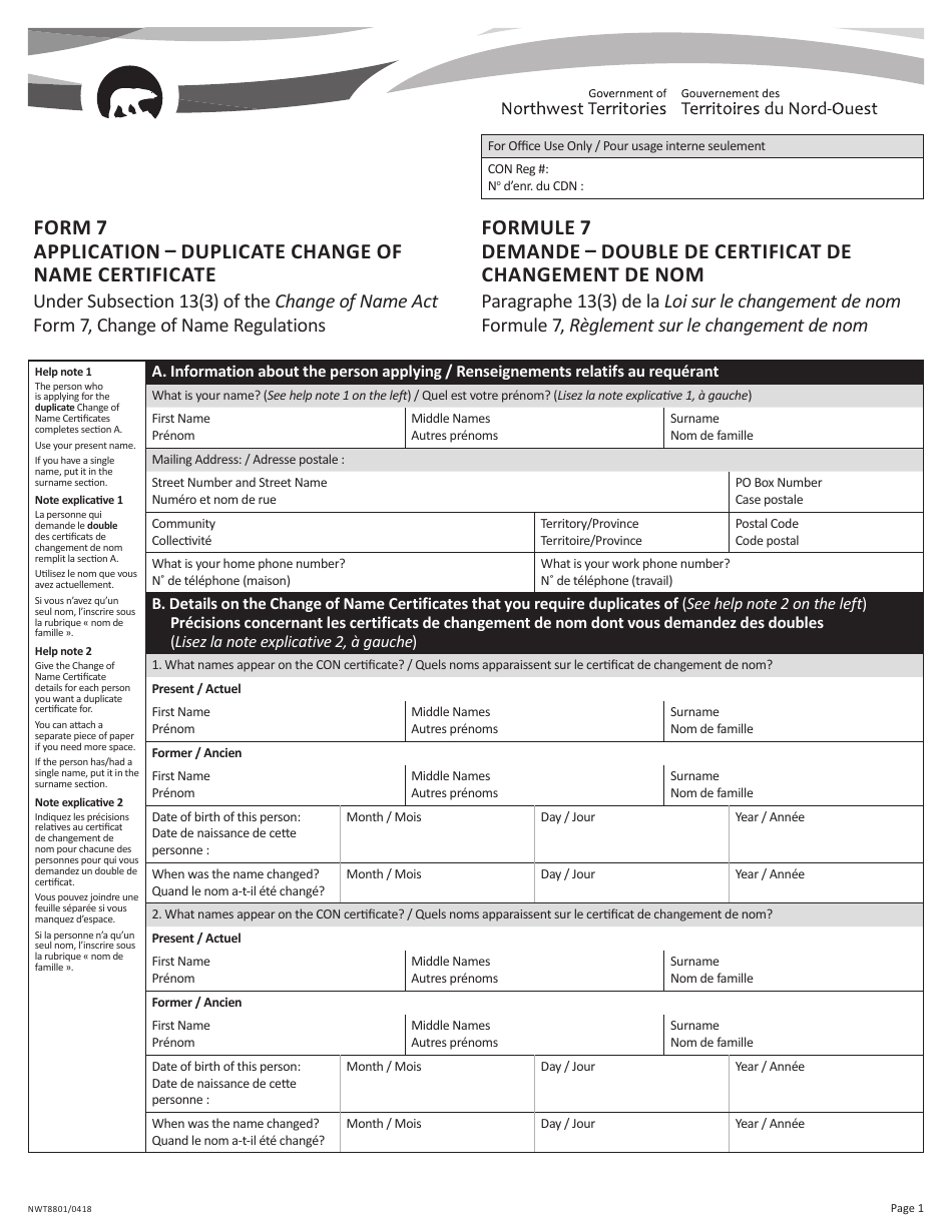 Form 7 (NWT8801) - Fill Out, Sign Online and Download Fillable PDF, Northwest Territories Canada ...