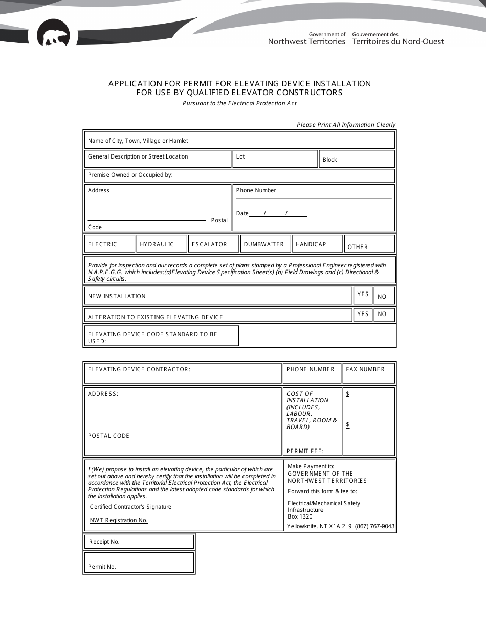 Northwest Territories Canada Application for Permit for Elevating ...