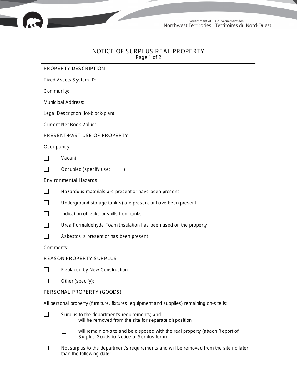Northwest Territories Canada Notice of Surplus Real Property - Fill Out ...