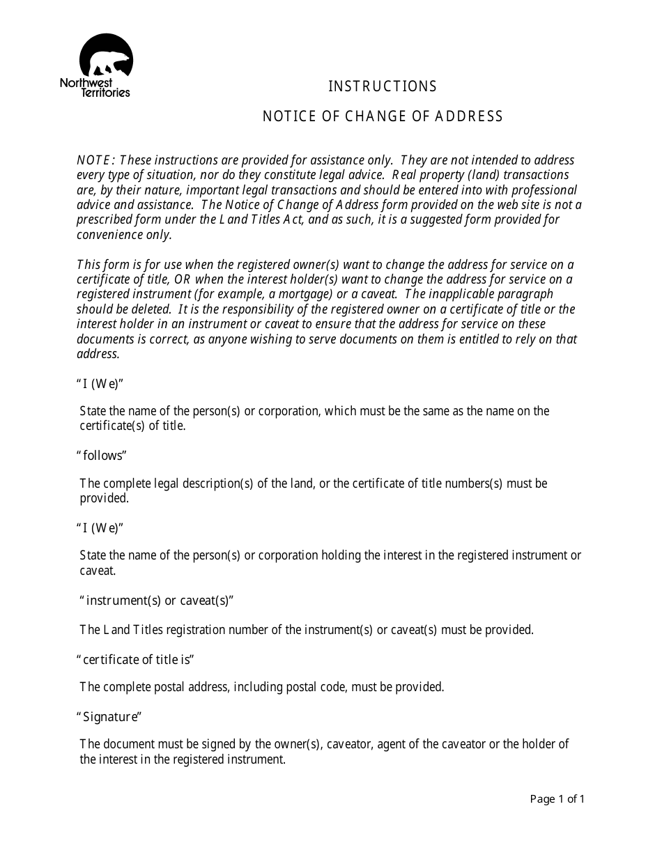 Download Instructions for Notice of Change of Address PDF | Templateroller