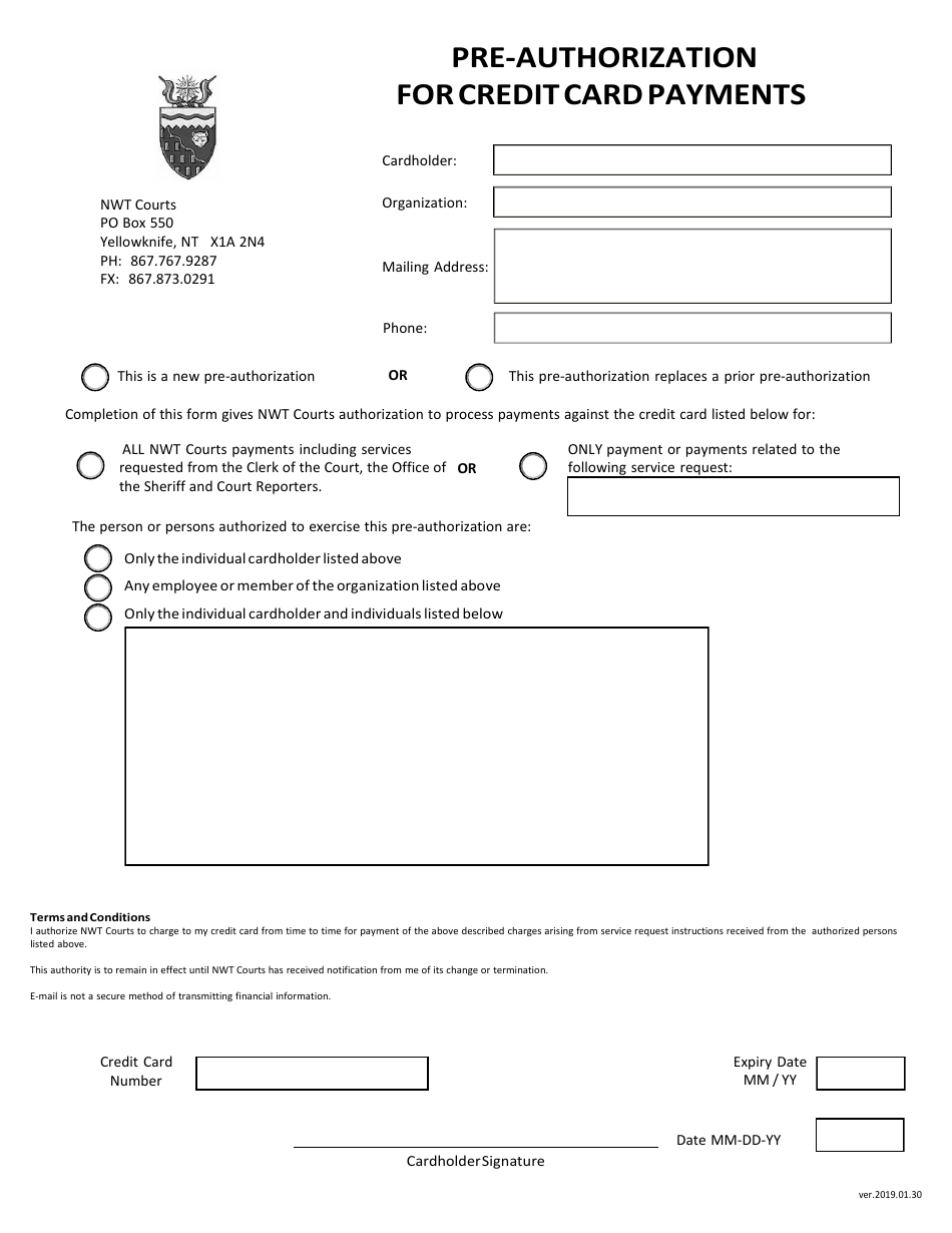 Northwest Territories Canada Pre-authorization for Credit Card Payments ...