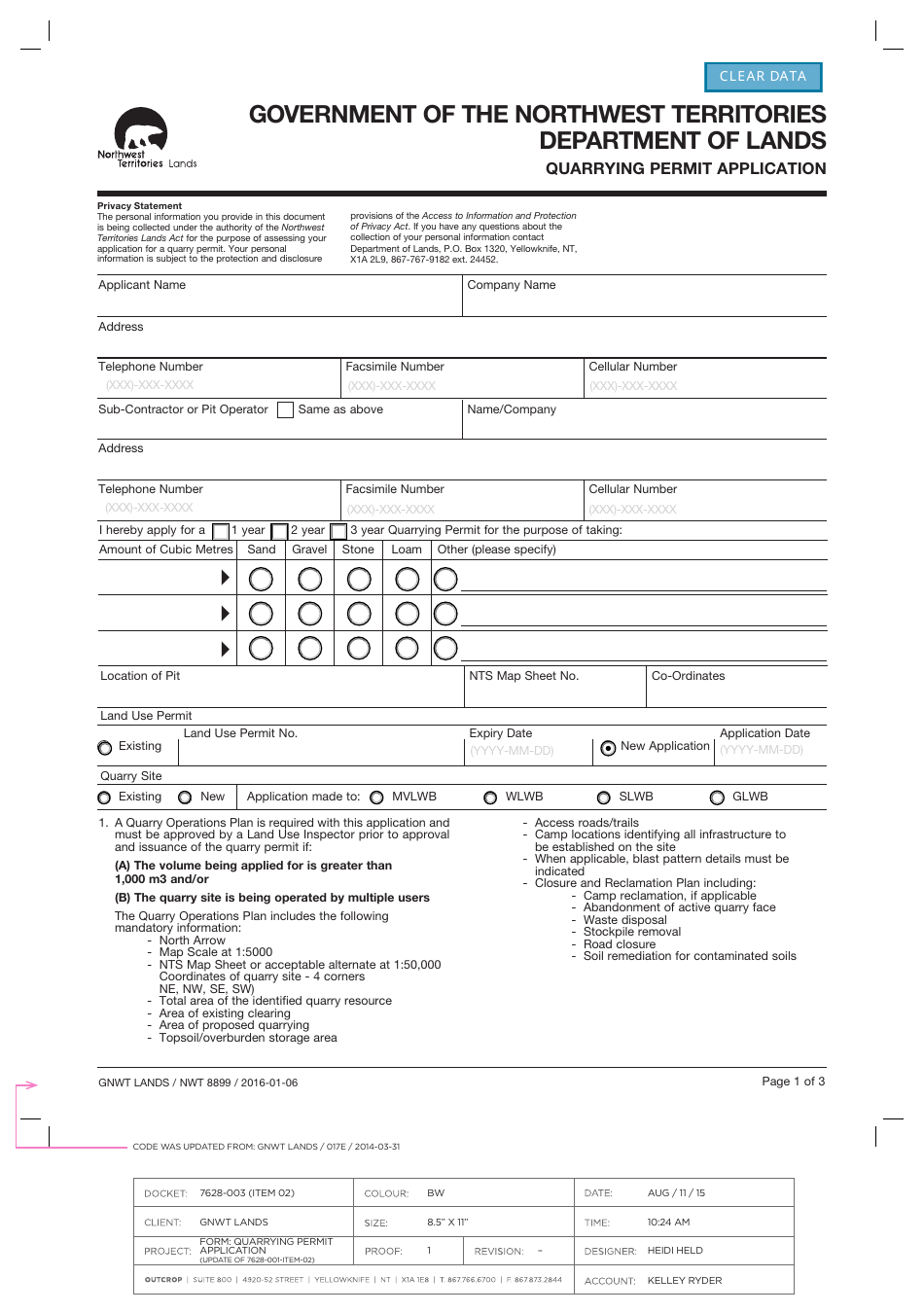 Form NWT8899 Download Fillable PDF or Fill Online Quarrying Permit ...