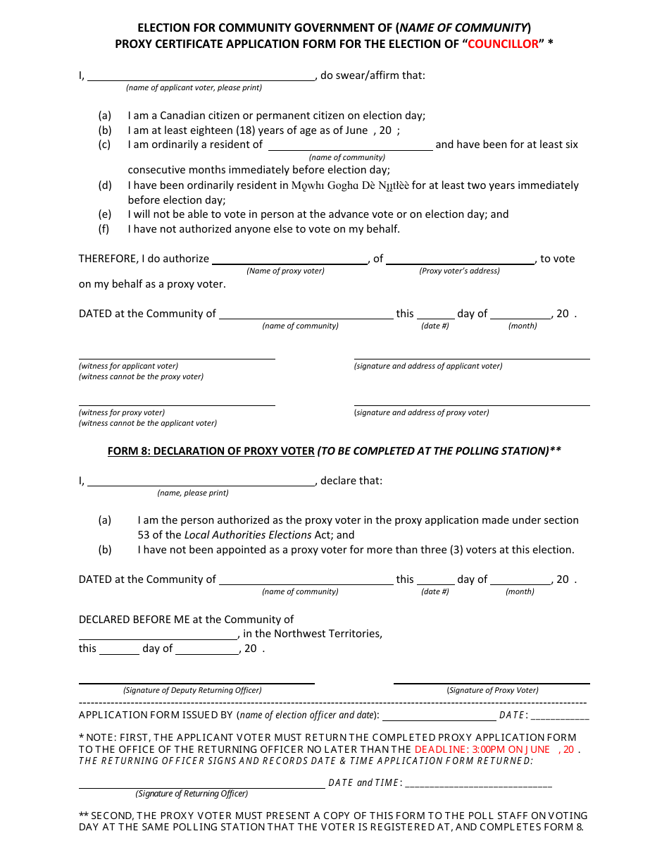 Northwest Territories Canada Proxy Certificate Application Form for the ...