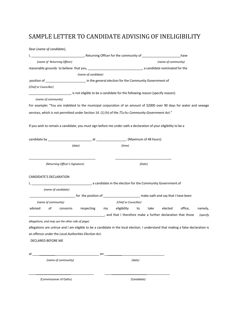 Northwest Territories Canada Letter to Candidate Advising Ineligibility ...