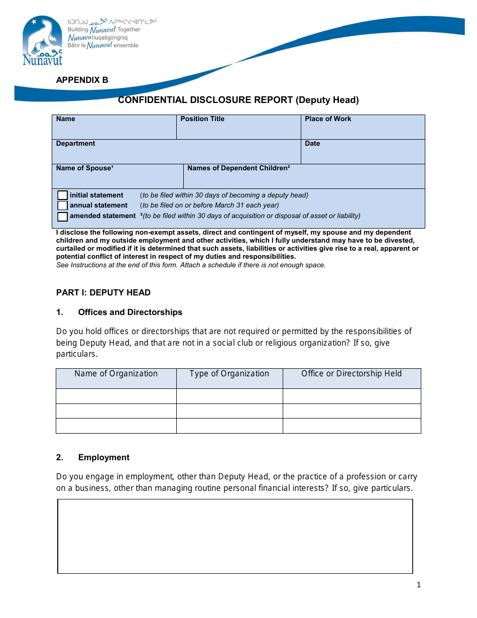 Nunavut Canada Confidential Disclosure Report (Deputy Head) - Fill Out ...