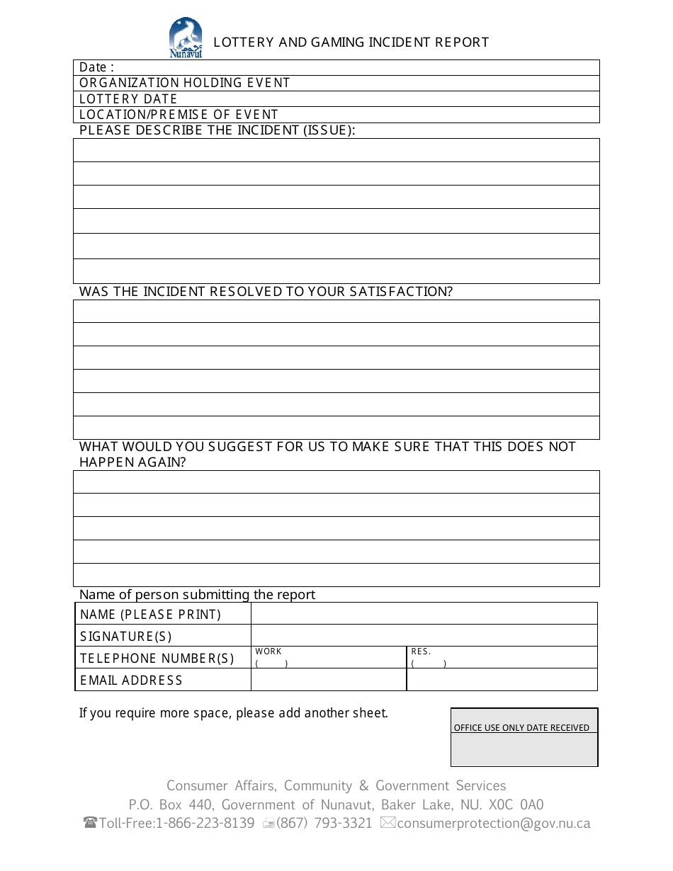 Nunavut Canada Lottery and Gaming Incident Report Form - Fill Out, Sign ...