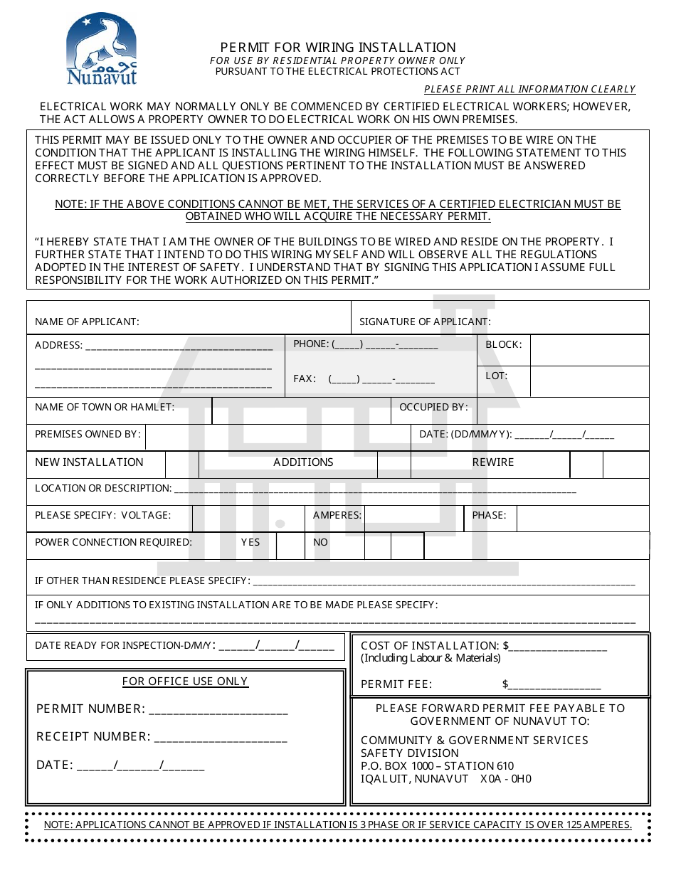 Nunavut Canada Permit for Wiring Installation - Fill Out, Sign Online ...
