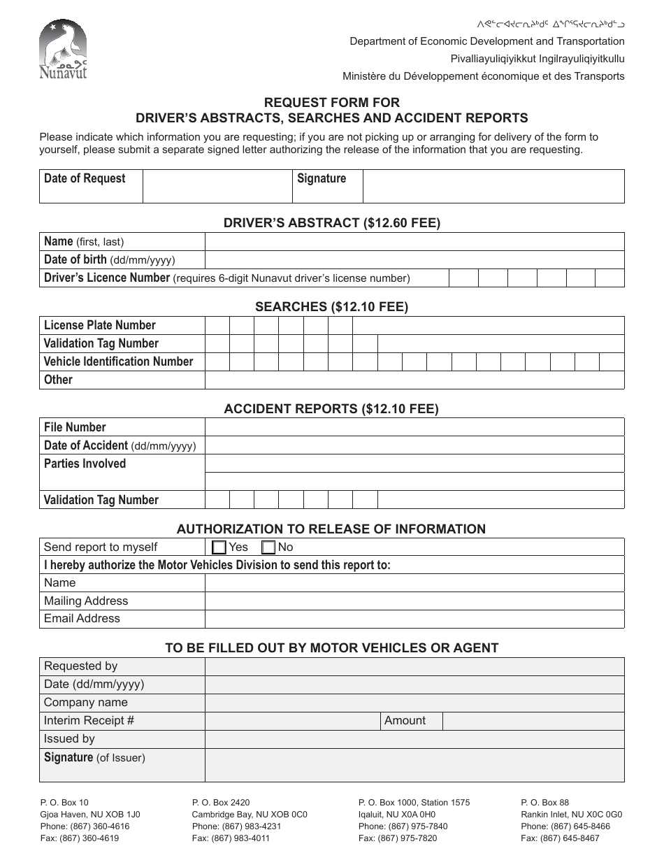 Nunavut Canada Request Form for Driver's Abstracts, Searches and ...