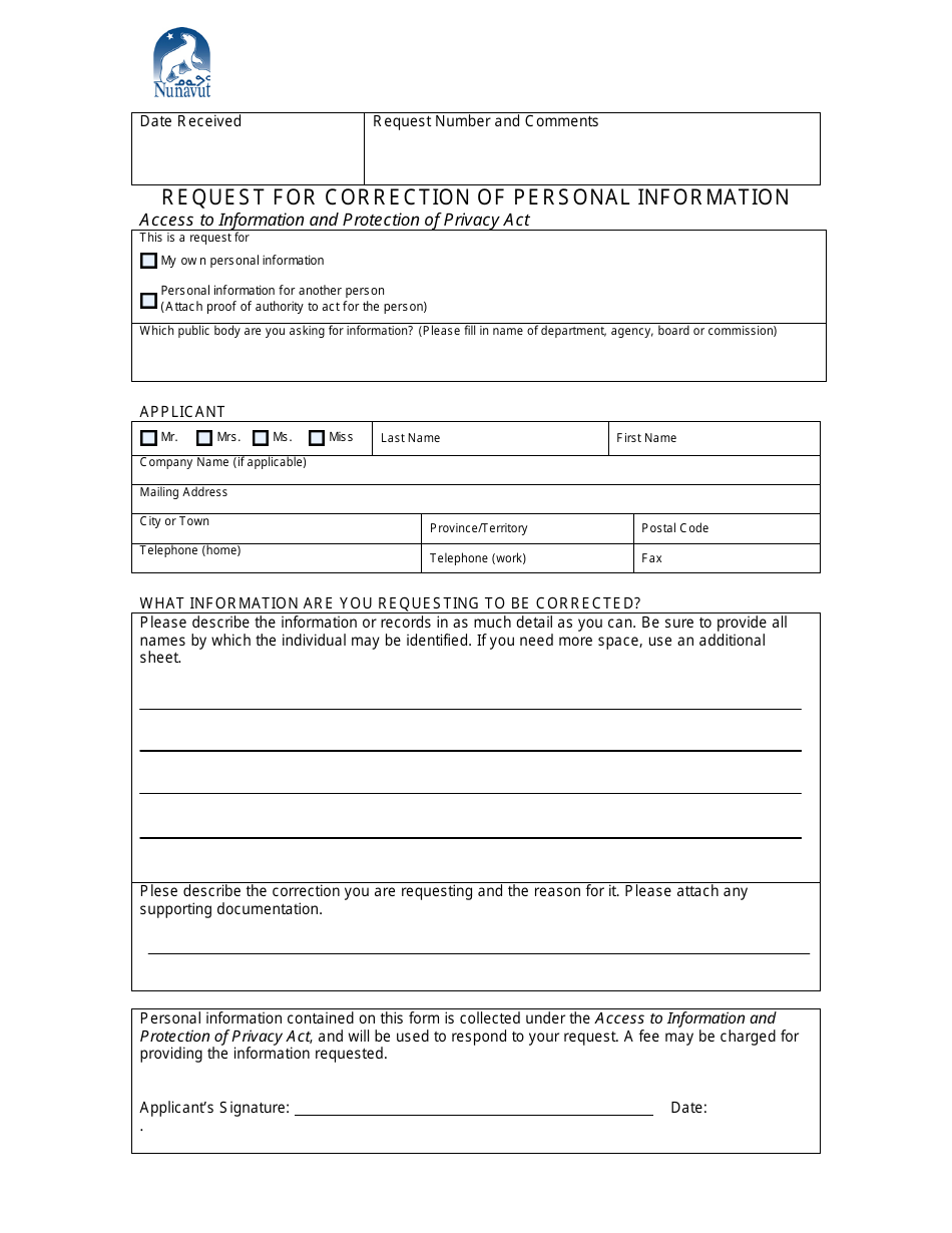 Nunavut Canada Request for Correction of Personal Information - Fill Out, Sign Online and ...