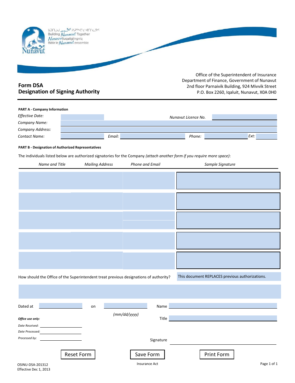 Form DSA - Fill Out, Sign Online and Download Fillable PDF, Nunavut ...