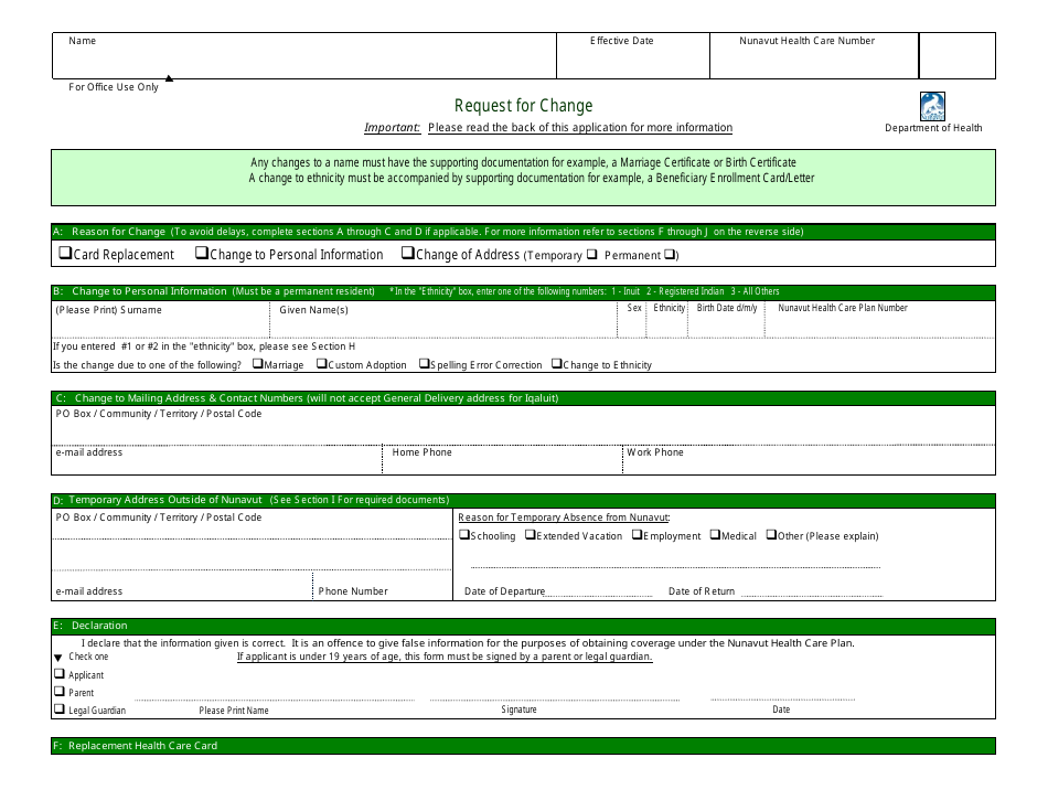 Nunavut Canada Request for Change - Fill Out, Sign Online and Download PDF | Templateroller