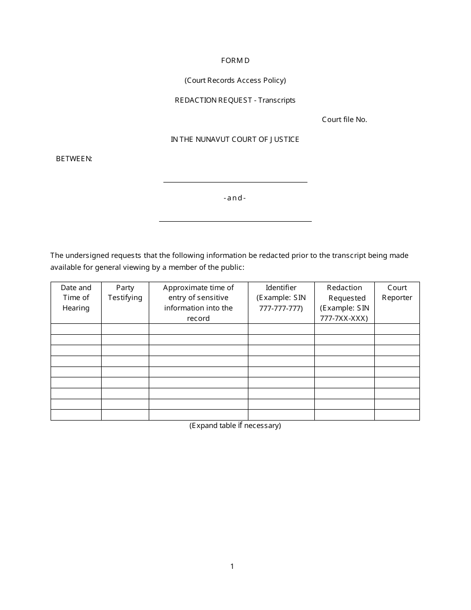 Form D - Fill Out, Sign Online and Download Fillable PDF, Nunavut ...