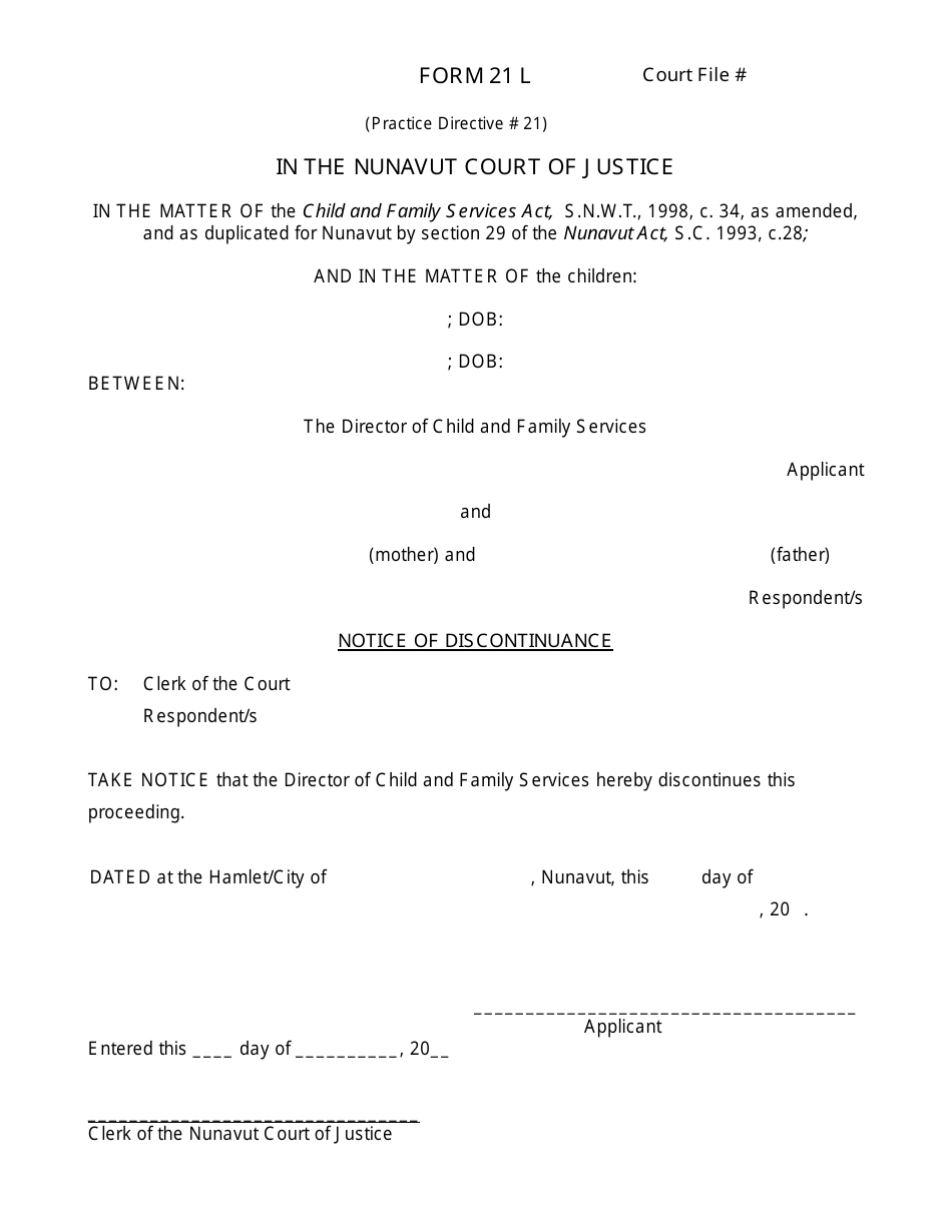 Form 21 L - Fill Out, Sign Online and Download Fillable PDF, Nunavut ...