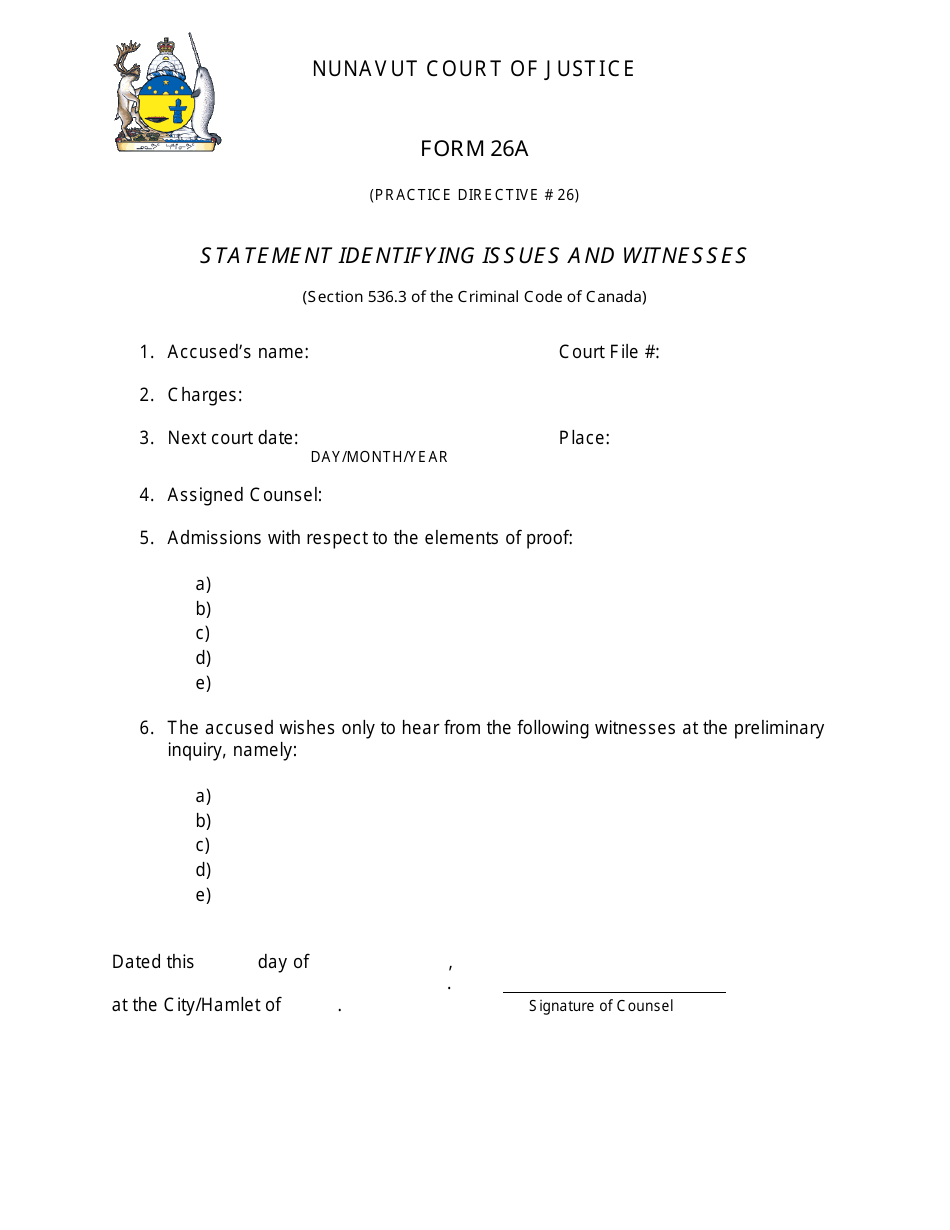 Form 26A - Fill Out, Sign Online and Download Fillable PDF, Nunavut ...