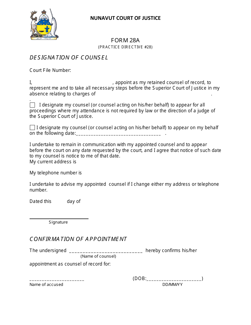 Form 28A - Fill Out, Sign Online and Download Fillable PDF, Nunavut ...
