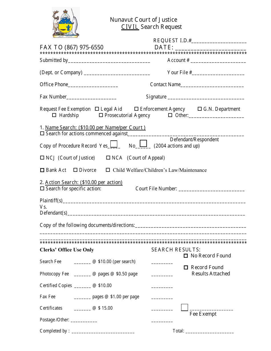 Nunavut Canada Civil Search Request - Fill Out, Sign Online and Download PDF | Templateroller