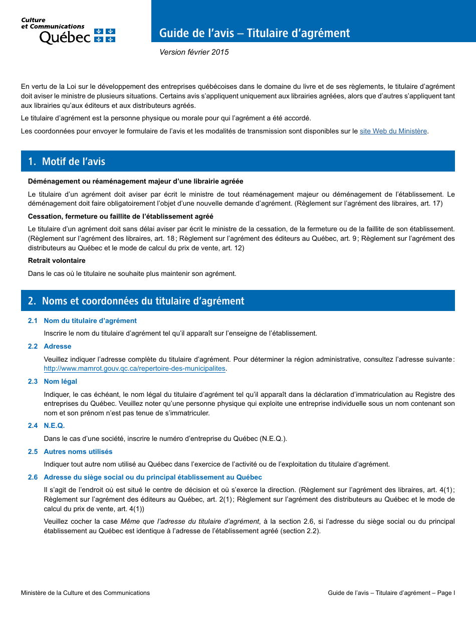 Quebec Canada Formulaire De L'avis - Titulaire D'agrement - Fill Out ...