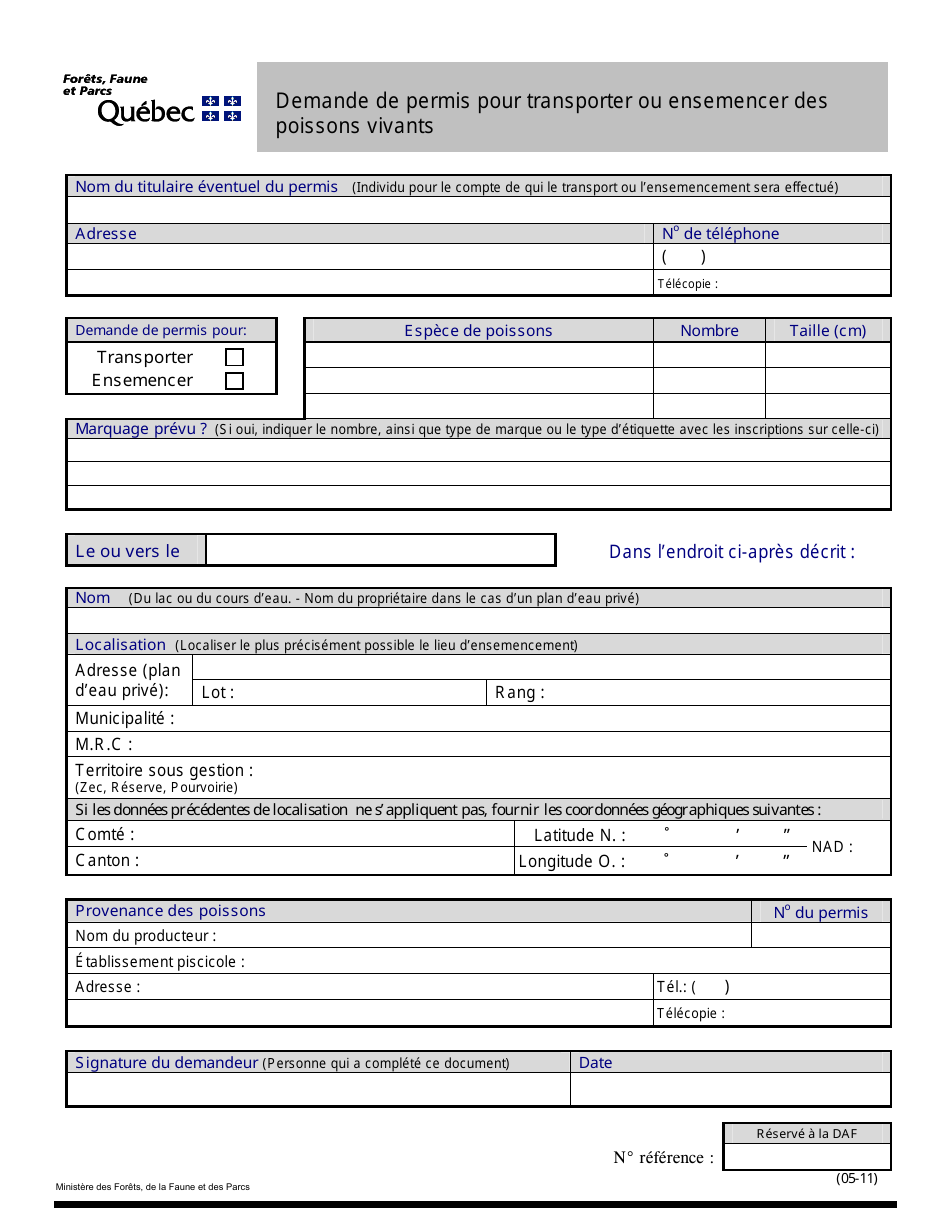Quebec Canada Demande De Permis Pour Transporter Ou Ensemencer DES Poissons Vivants (French ...