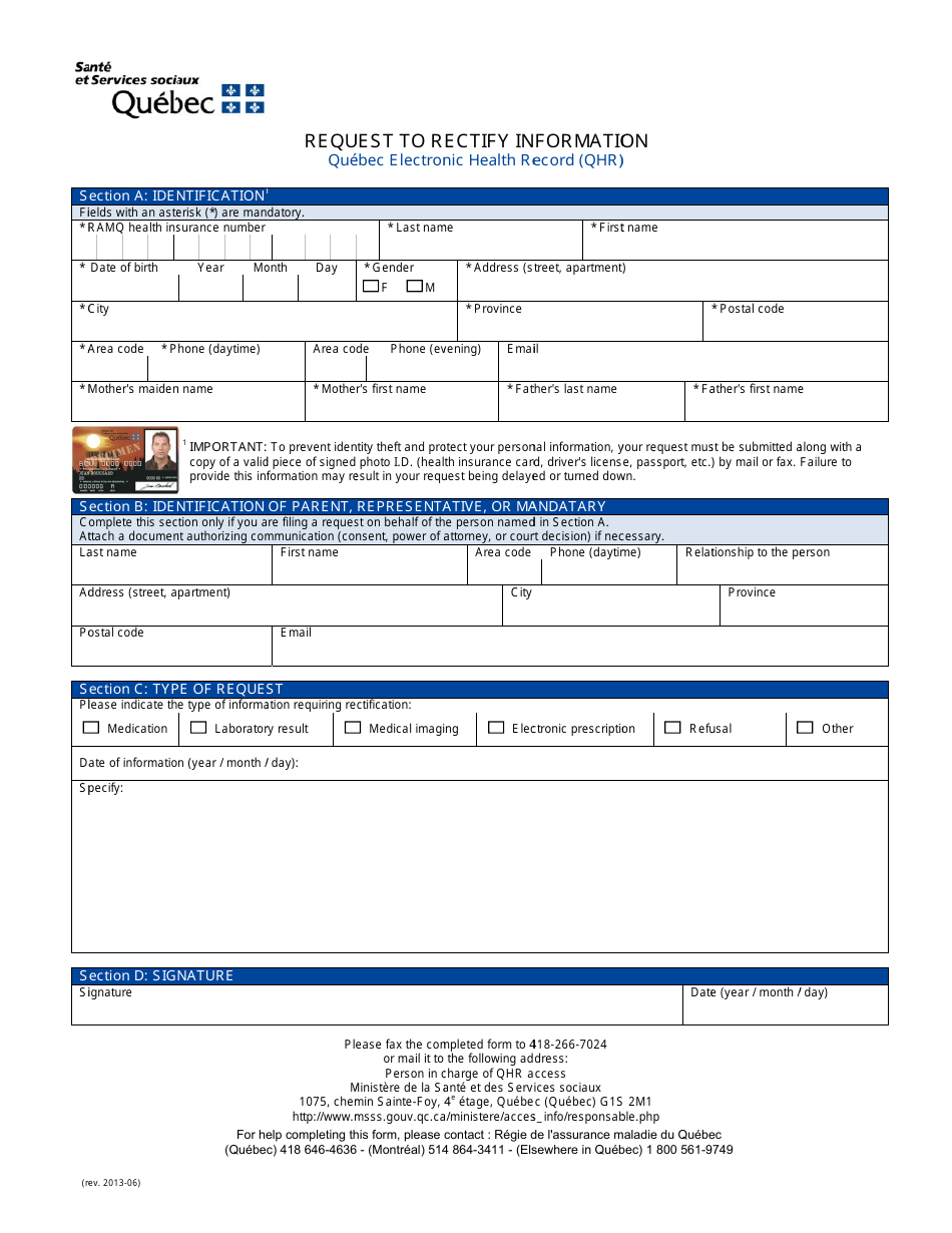 Quebec Canada Quebec Electronic Health Record (Qhr) Request to Rectify ...