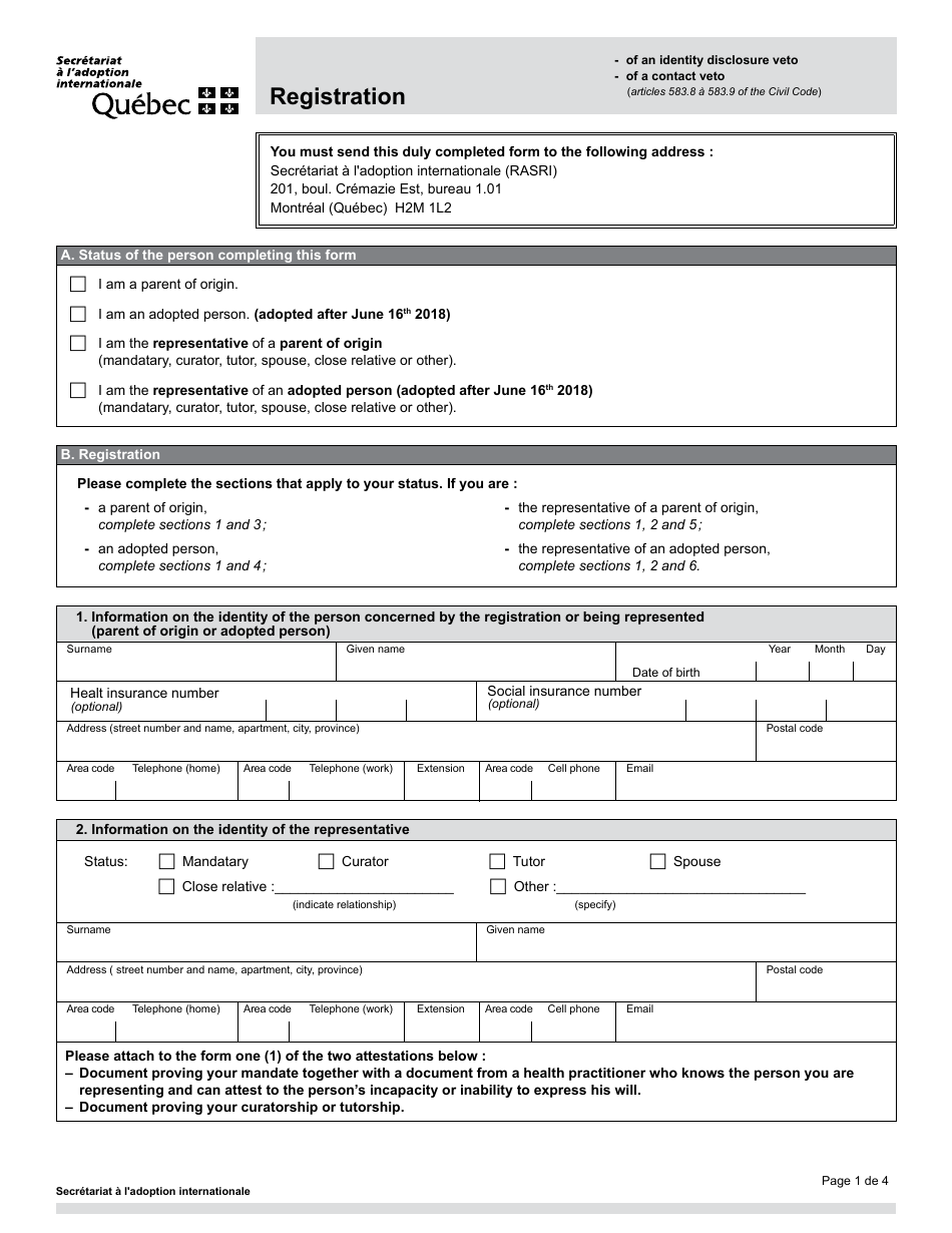 Quebec Canada Registration of an Identity Disclosure Veto or of a ...