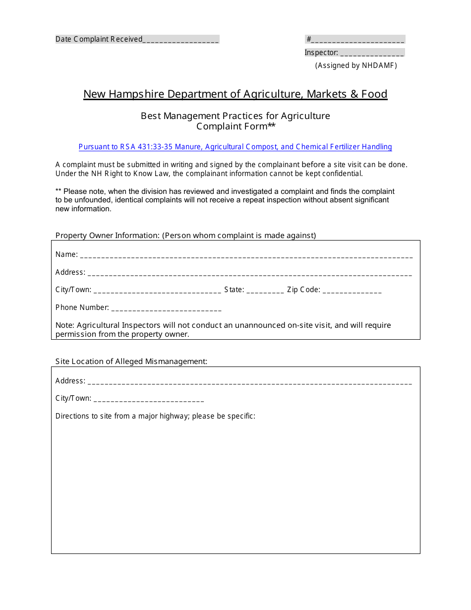 New Hampshire Best Management Practices for Agriculture Complaint Form ...