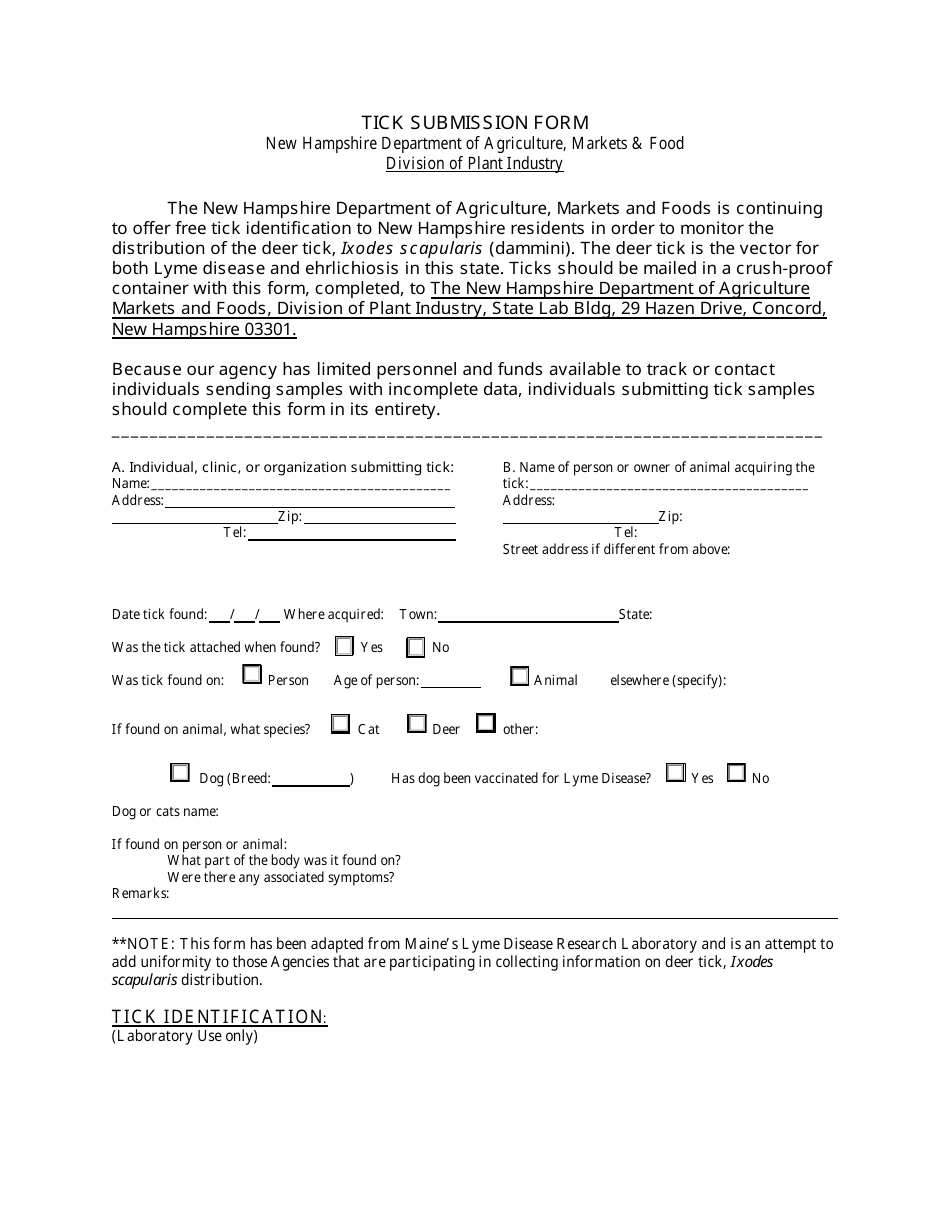 New Hampshire Tick Submission Form - Fill Out, Sign Online and Download ...