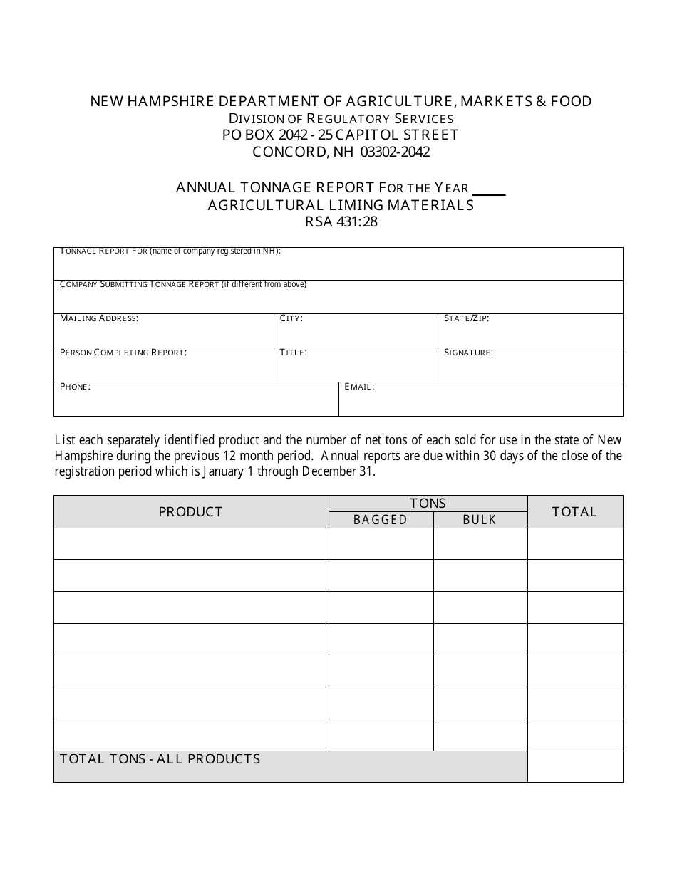 New Hampshire Agricultural Liming Materials Annual Tonnage Report - Fill Out, Sign Online and ...