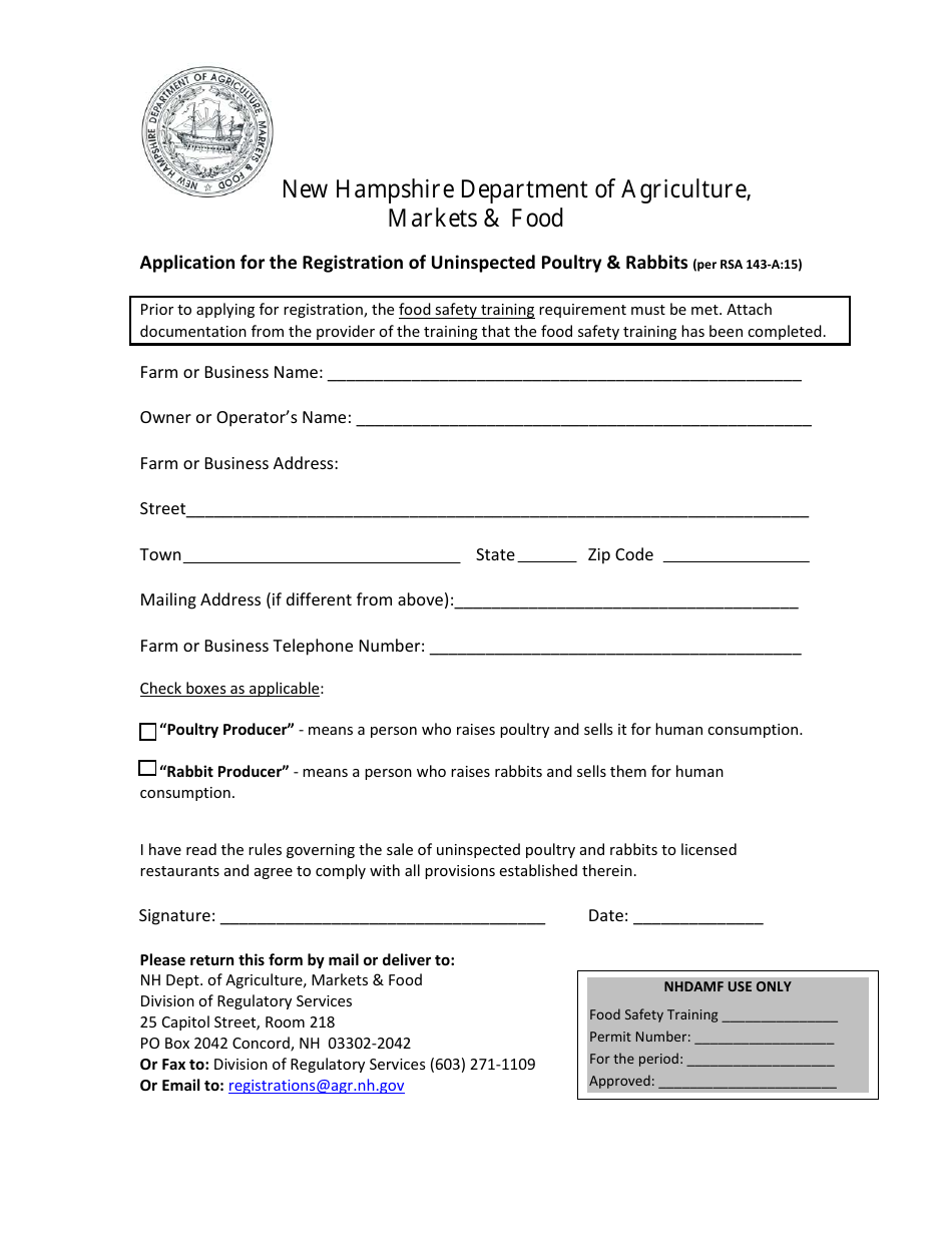 New Hampshire Application for the Registration of Uninspected Poultry ...