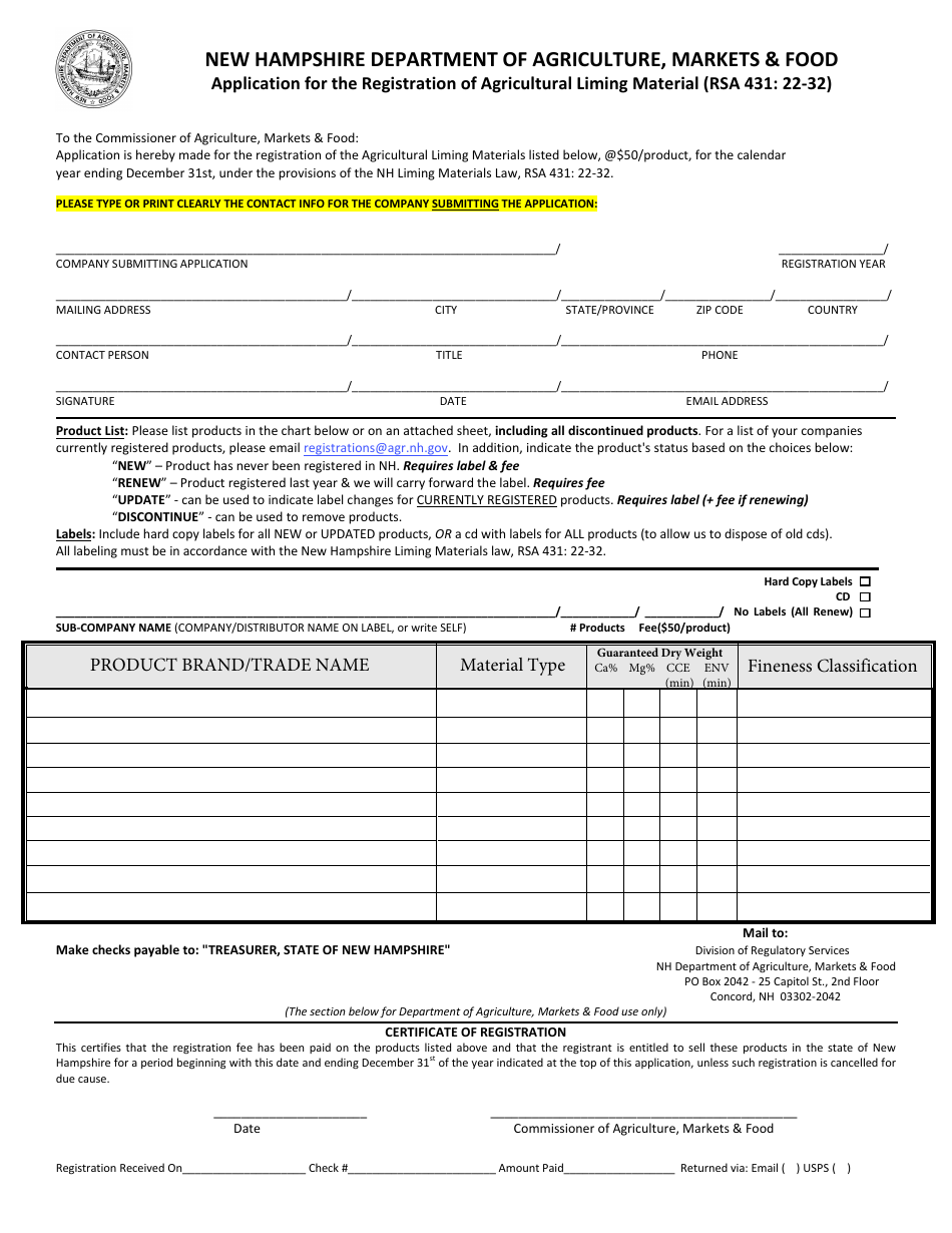New Hampshire Application for the Registration of Agricultural Liming ...