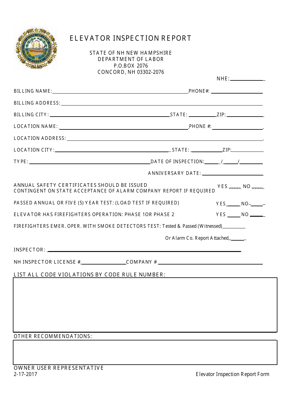 New Hampshire Elevator Inspection Report Form - Fill Out, Sign Online ...