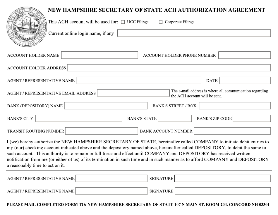 New Hampshire ACH Authorization Agreement - Fill Out, Sign Online and Download PDF | Templateroller