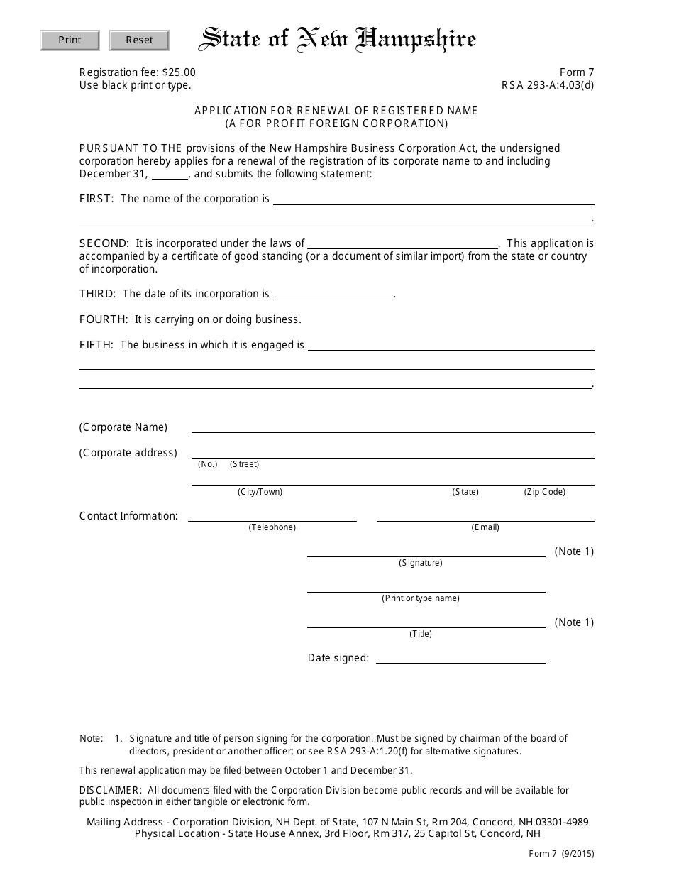 Form 7 - Fill Out, Sign Online and Download Fillable PDF, New Hampshire ...
