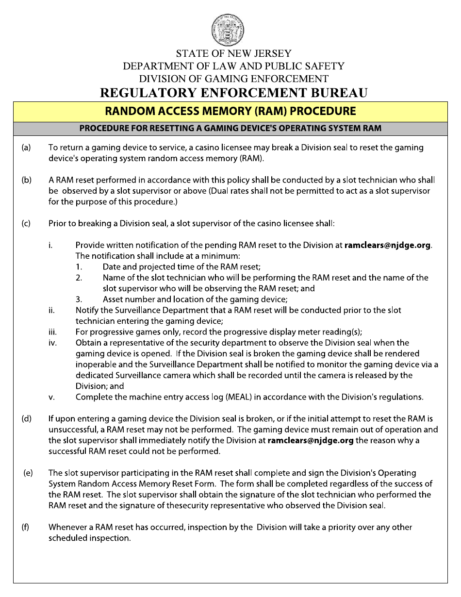 New Jersey Operating System Random Access Memory Reset Form - Fill Out, Sign Online and Download ...