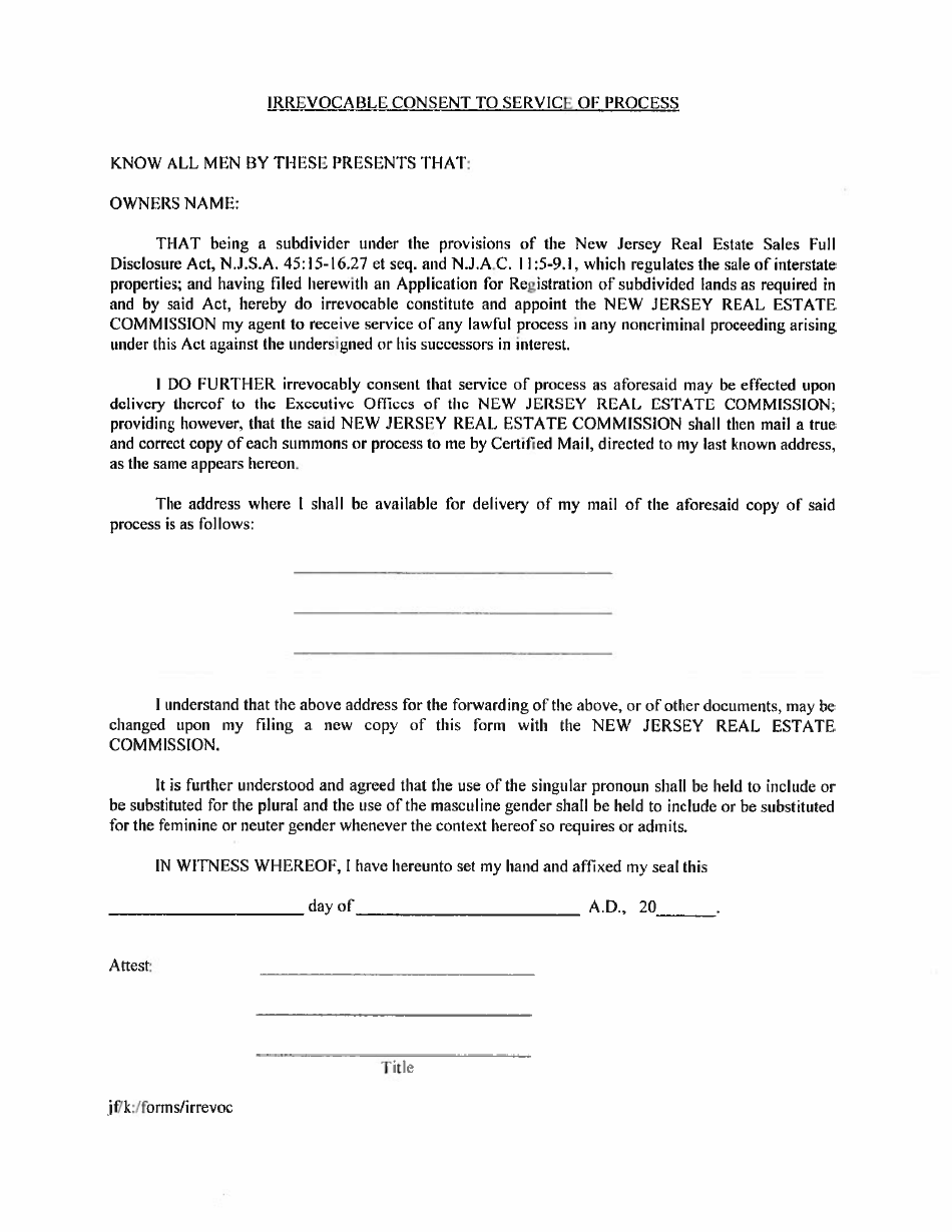 New Jersey Irrevocable Consent to Service of Process - Fill Out, Sign ...