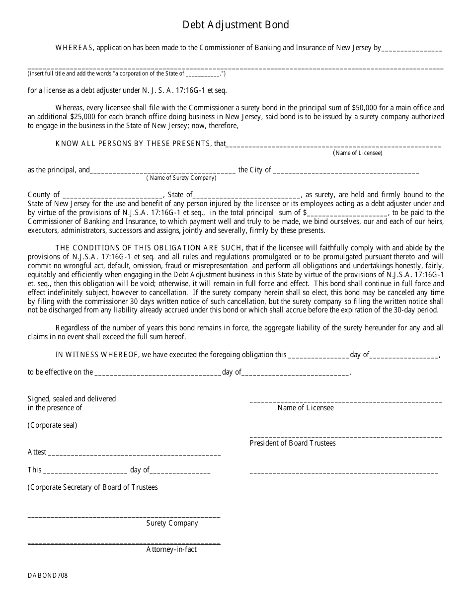 New Jersey Debt Adjustment Bond - Fill Out, Sign Online and Download ...